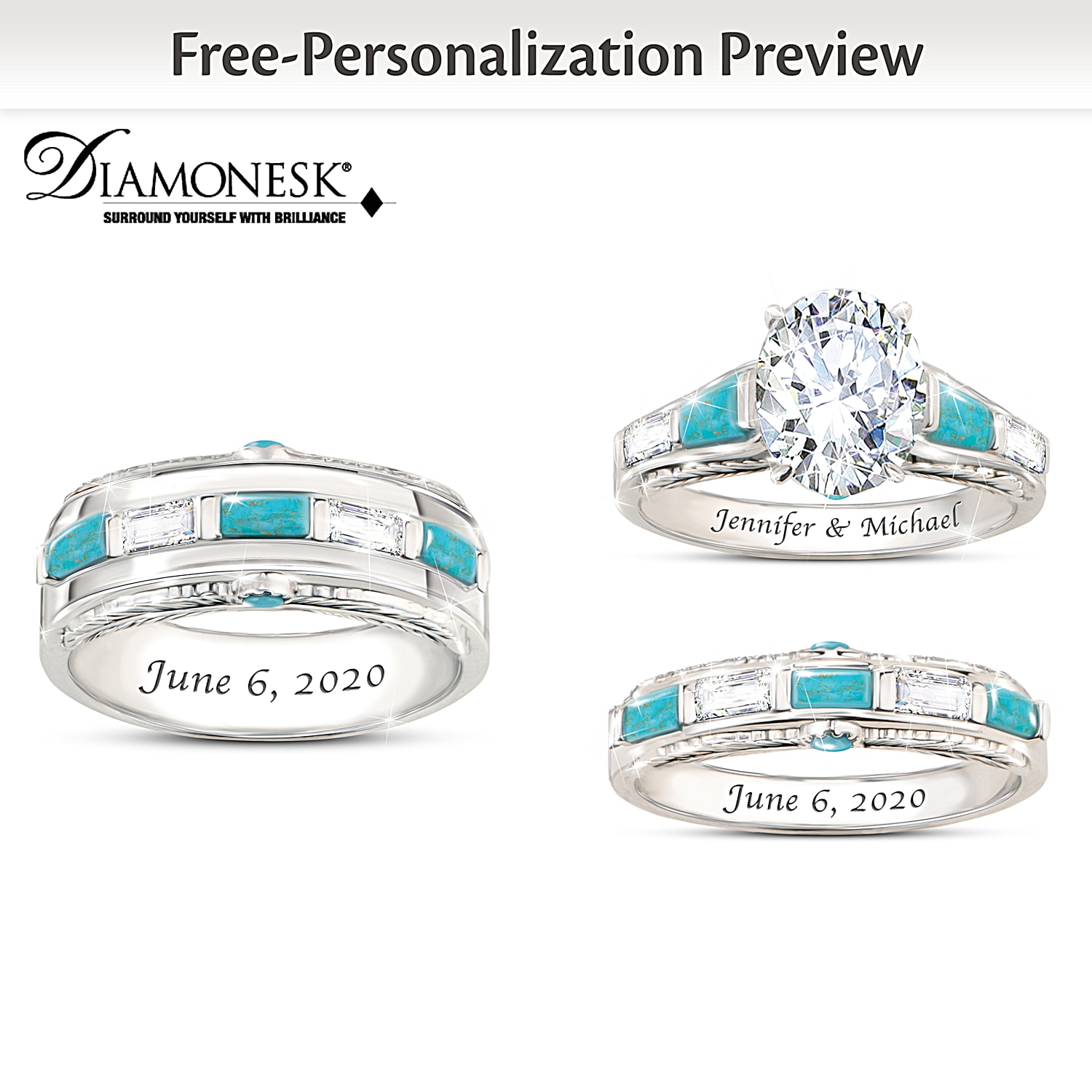 Sacred Promise Personalized Platinum Plated Wedding Ring Set Featuring Over 5 Carats Of Simulated Stones 14 Genuine Turquoise Stones