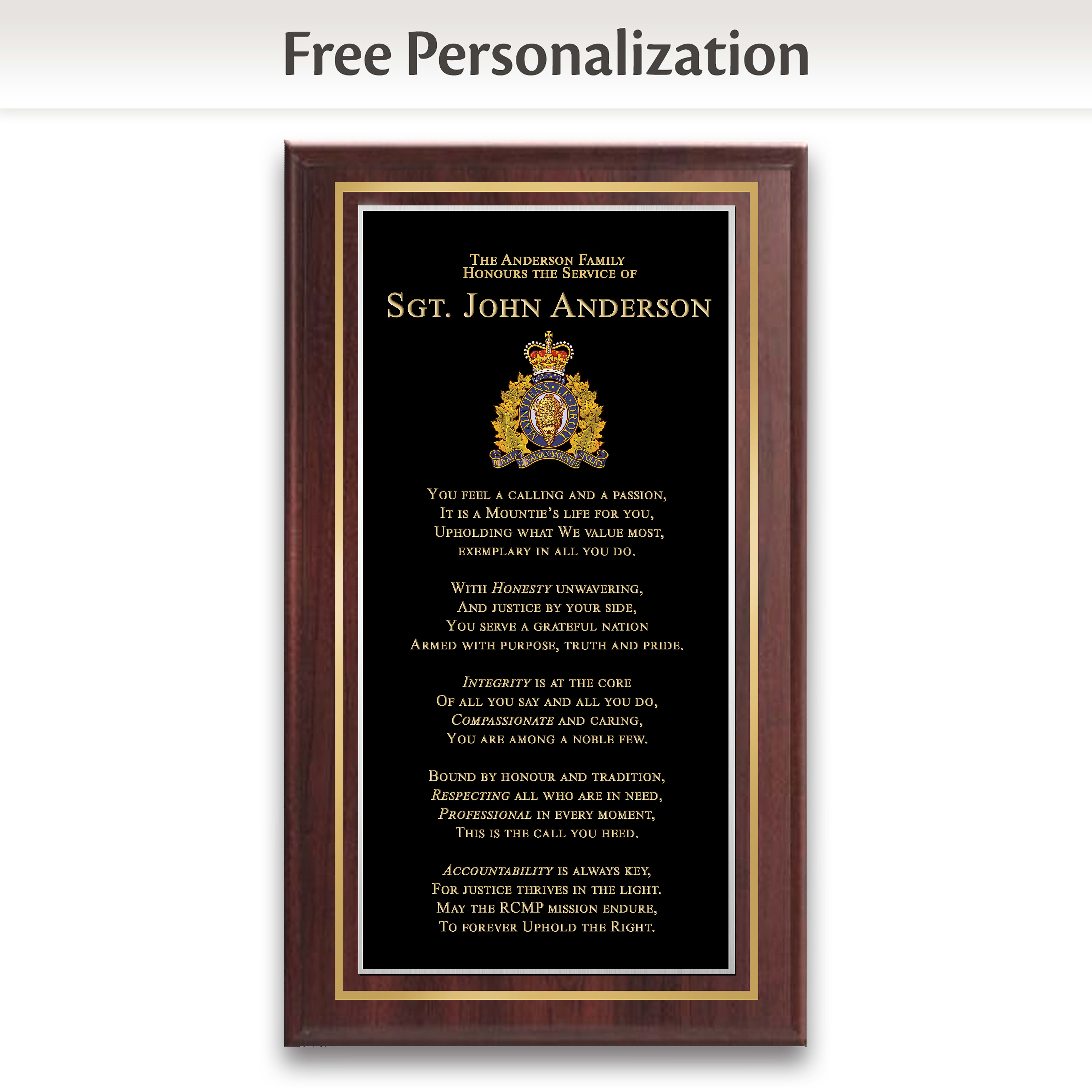 Royal Canadian Mounted Police Pride Personalized Wooden Plaque Wall ...