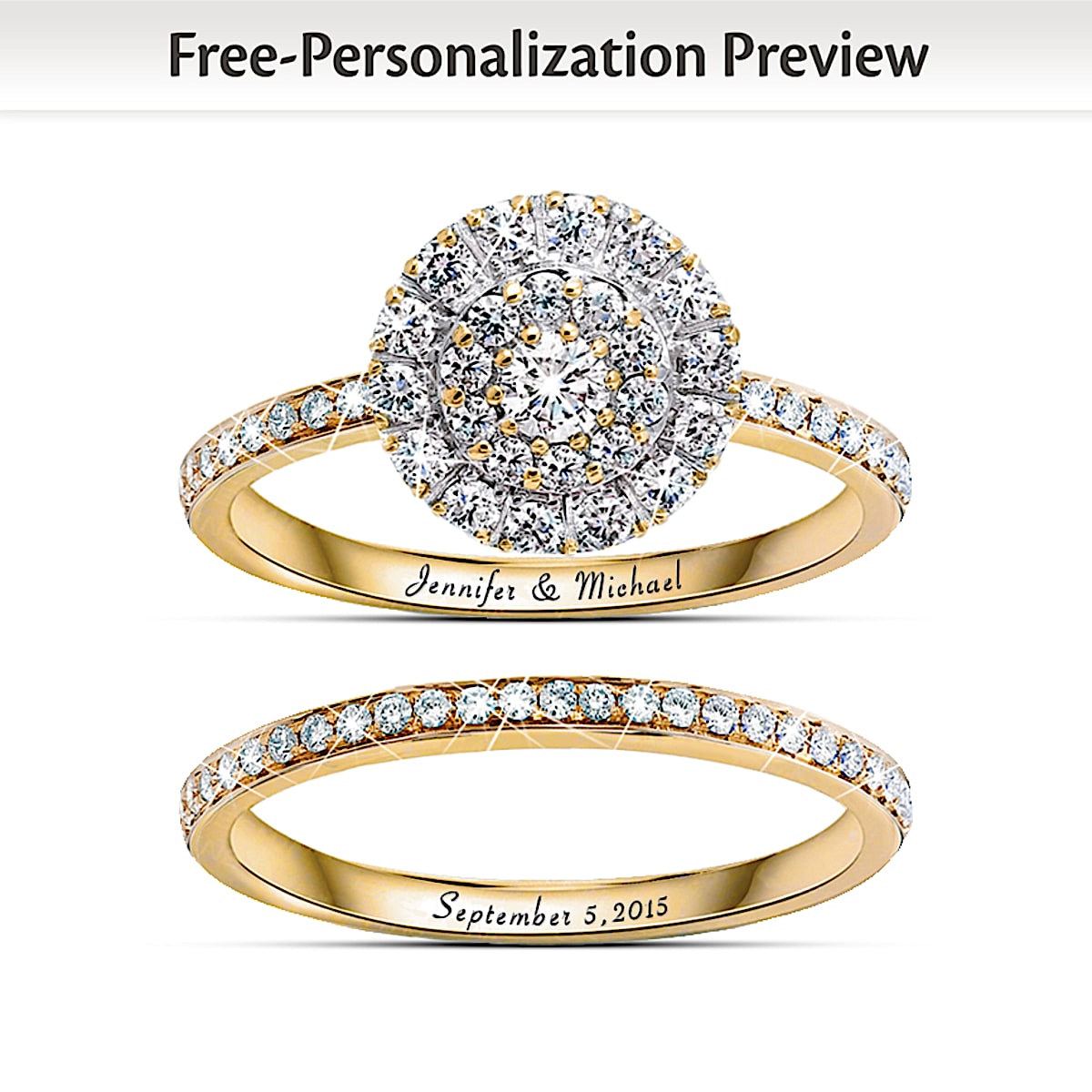 Golden Personalized Diamond Womens Bridal Ring Set