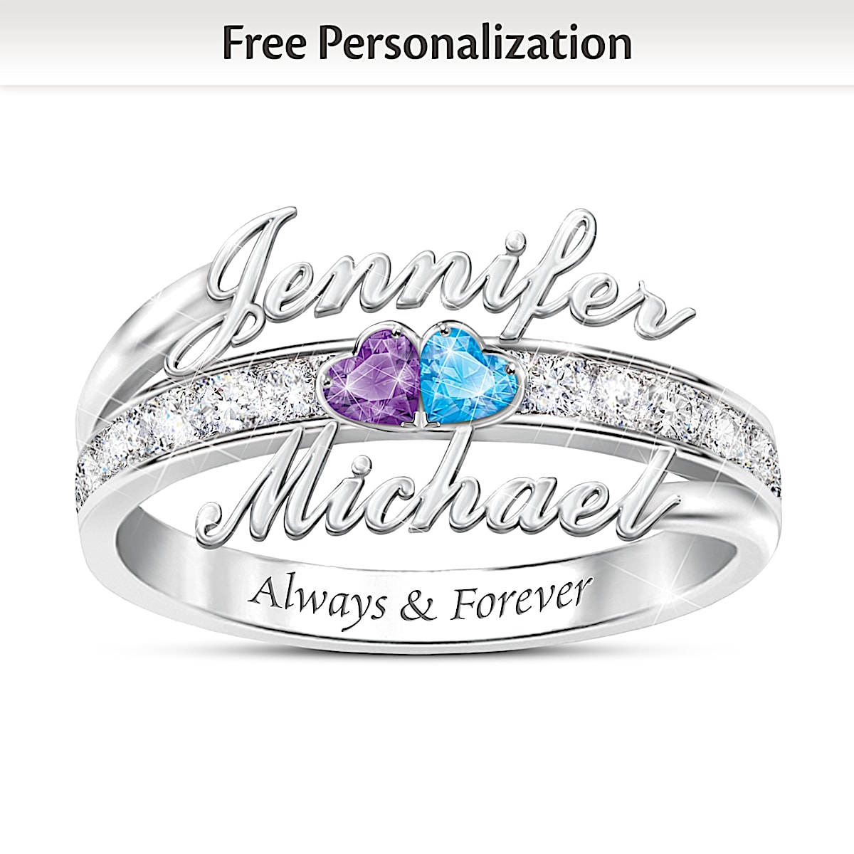 Forever Us Womens Personalized Sterling Silver Ring Featuring 2 Heart ...