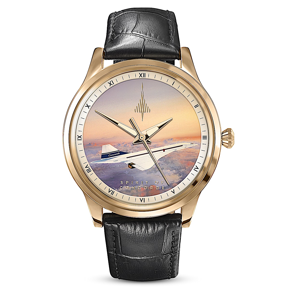 Spirit Of Concorde Mens Golden-Plated Watch With Black Leather Strap ...