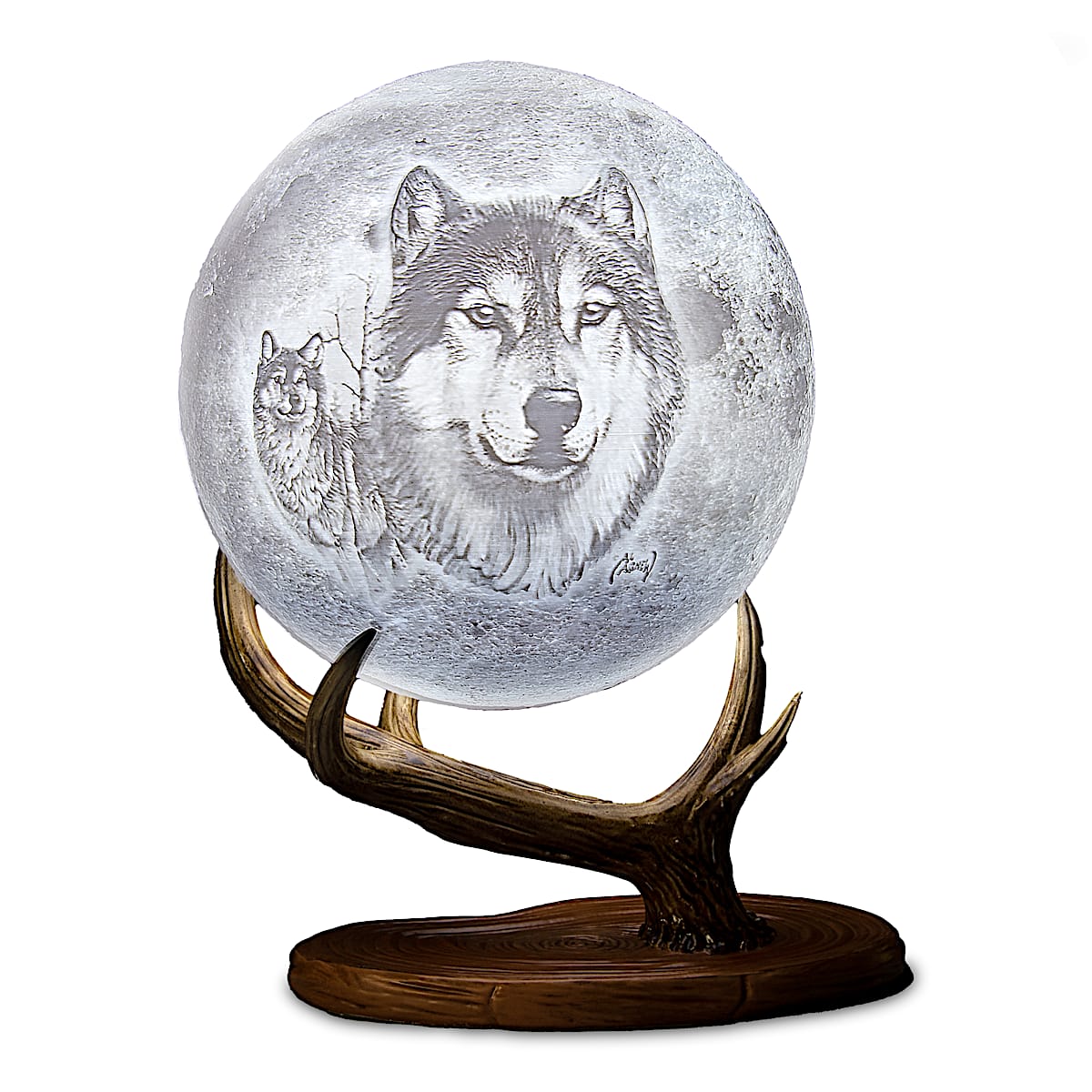 Illuminated Colour-Changing Moon Sculpture Adorned With Wolf Art By Al ...