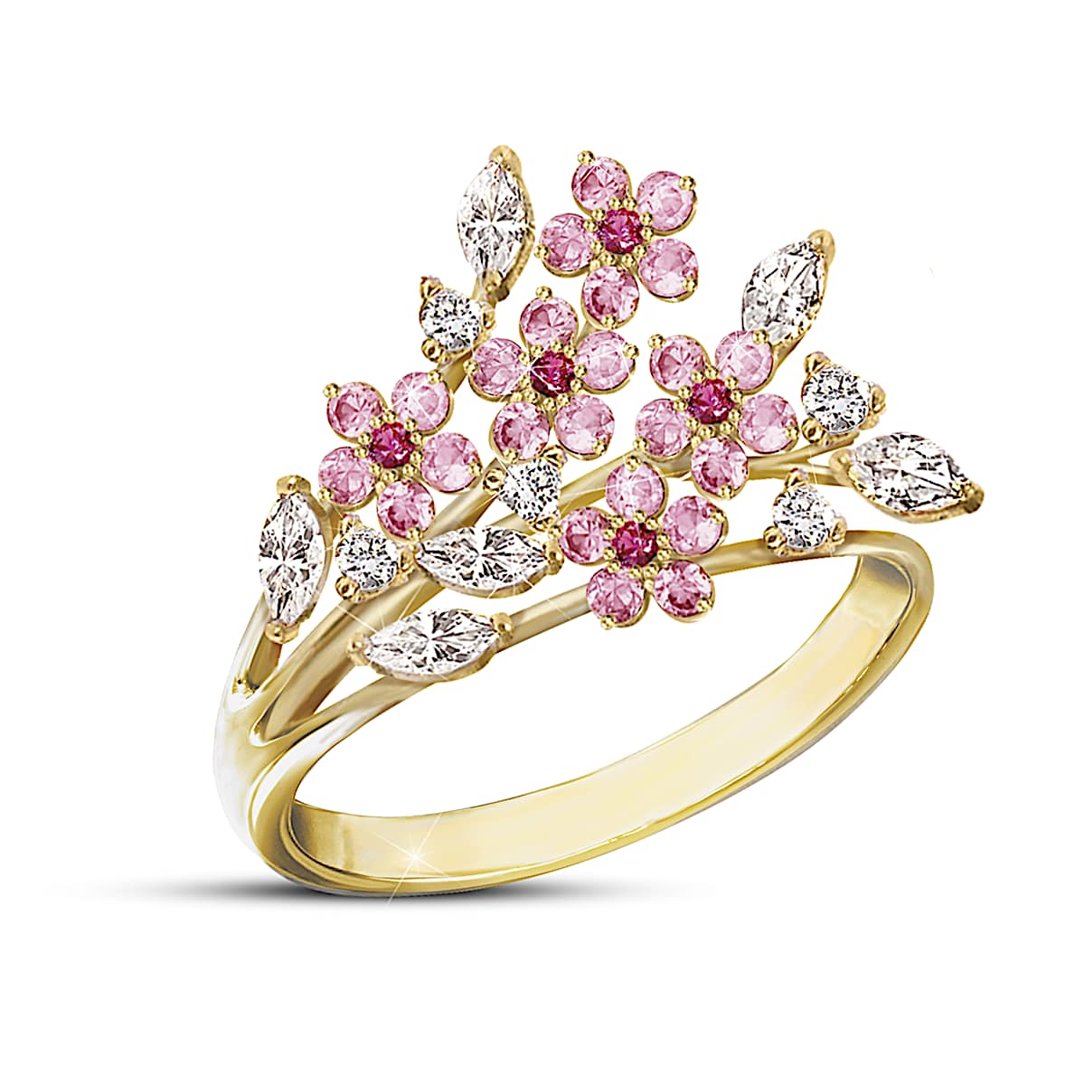 18K Gold-Plated Cherry Blossom Ring With Pink Tourmaline, White Topaz ...