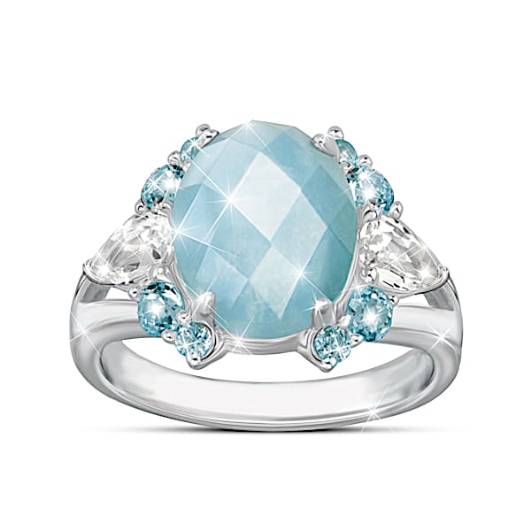 Aqua Horizon Womens Sterling Silver Ring Featuring An Aquamarine Centre Stone With An Unique Checkerboard Cut Adorned Wtih Topaz Accents